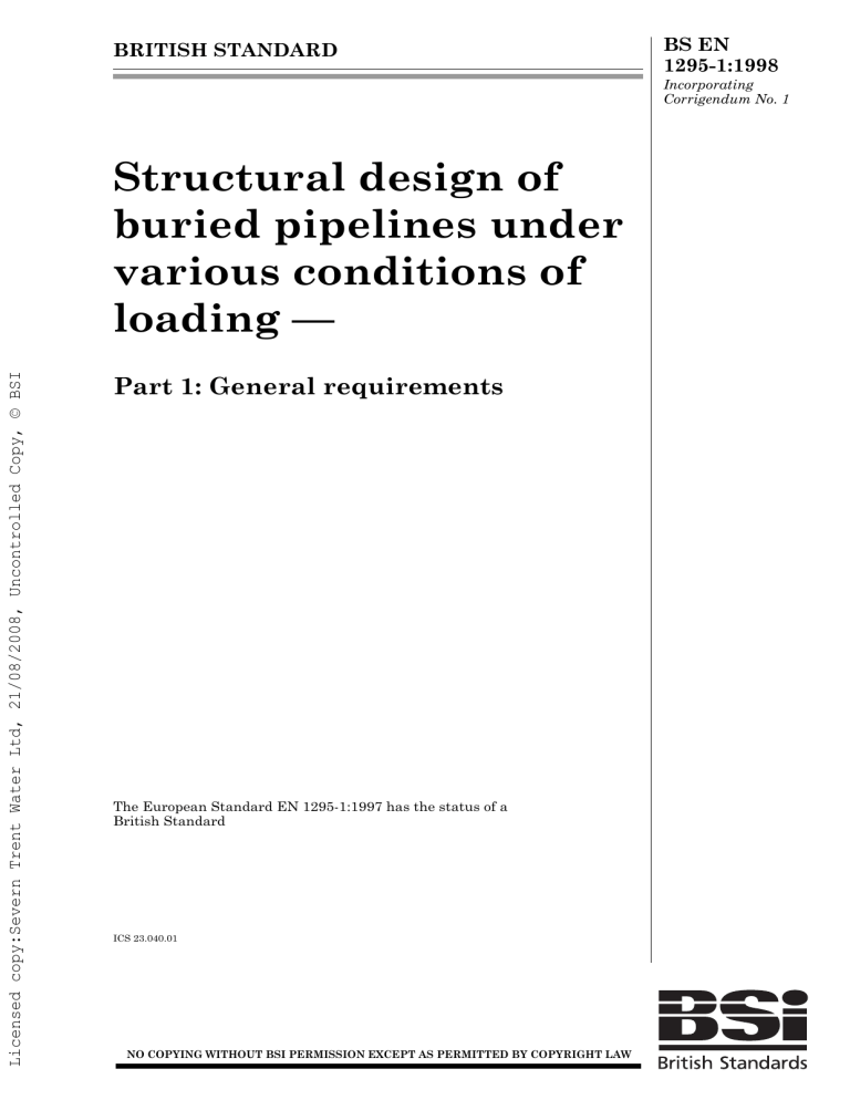 BS EN 1295-1:1998: Structural Design of Buried Pipelines