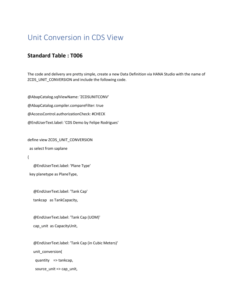 Unit Conversion in CDS View with SAP HANA