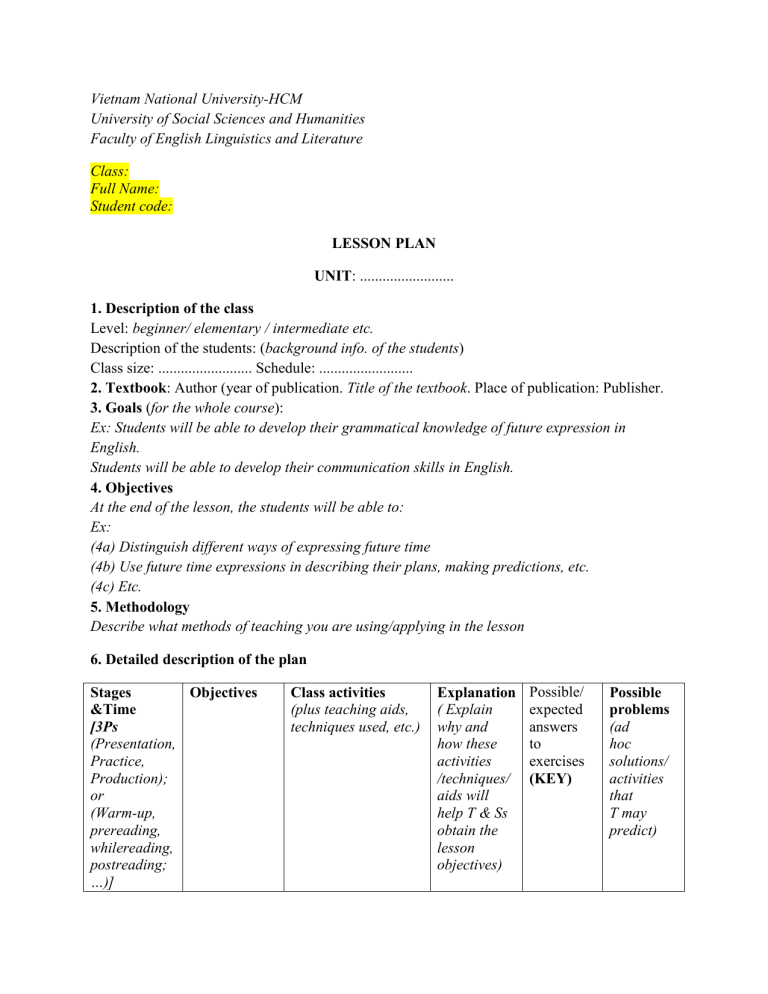 English Lesson Plan Template