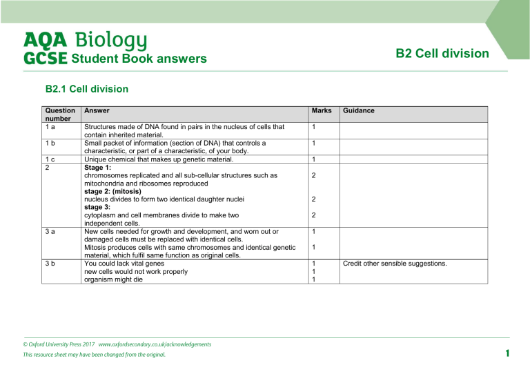 Cell Division Student Book Answers