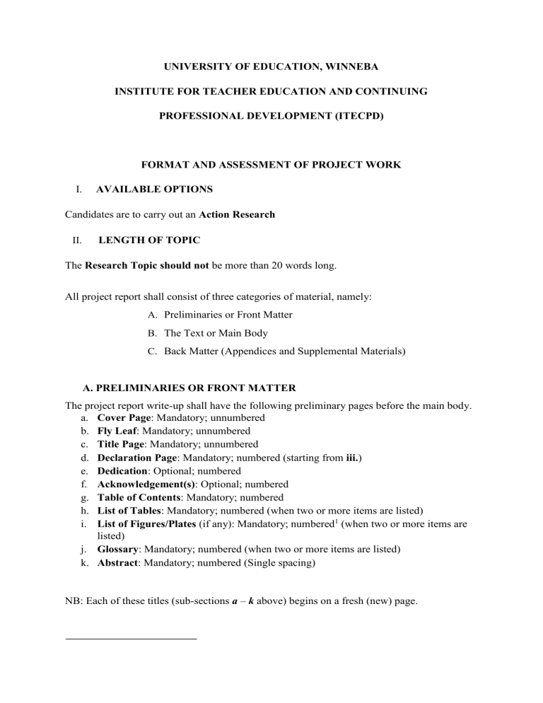 Project Work Format - University of Education, Winneba