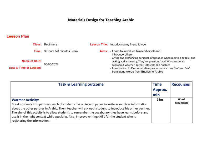 Arabic Lesson Plan: Introducing Yourself & Others (Beginner)