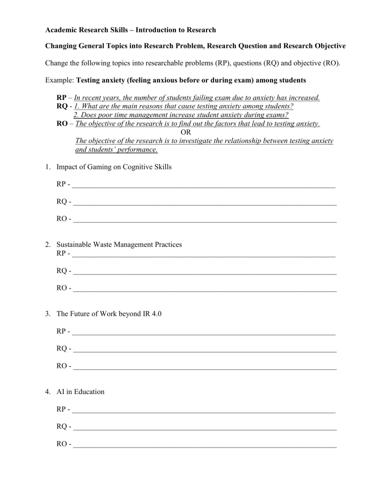 Research Skills Worksheet: Problem, Question, Objective