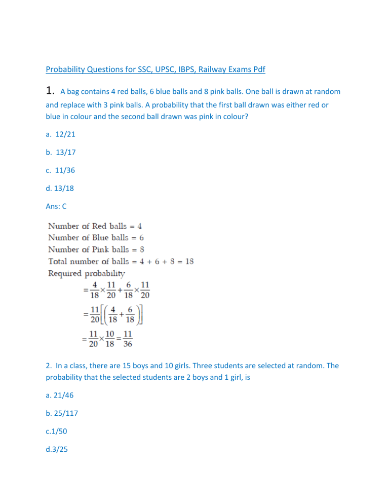 Probability Questions for SSC, UPSC, IBPS, Railway Exams