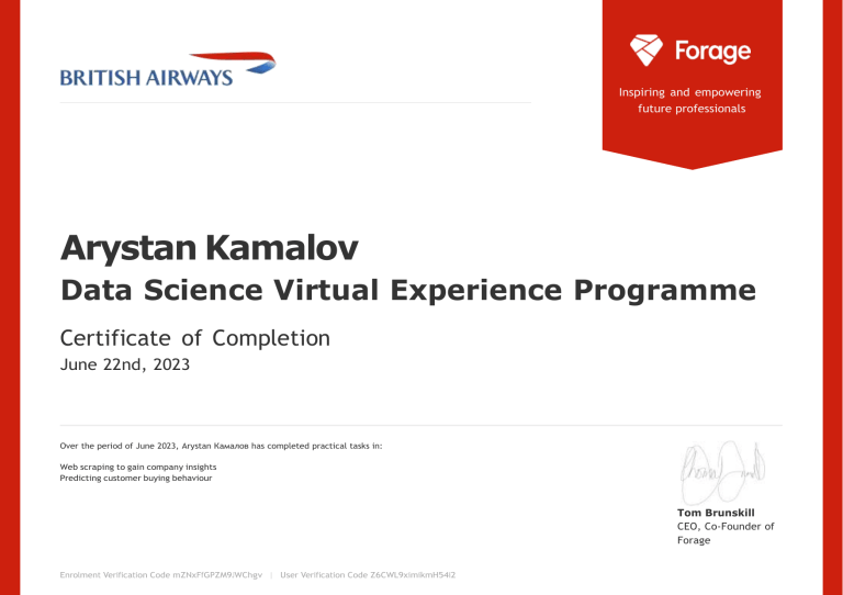 Data Science Certificate of Completion - Arystan Kamalov