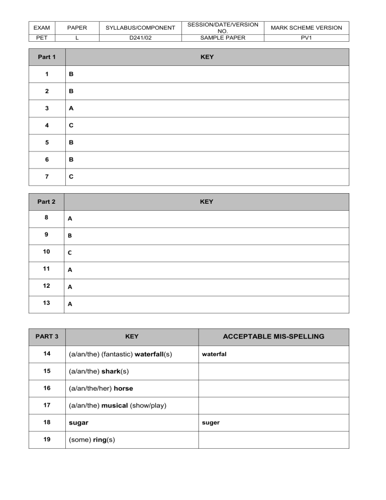 PET Exam Mark Scheme D241/02