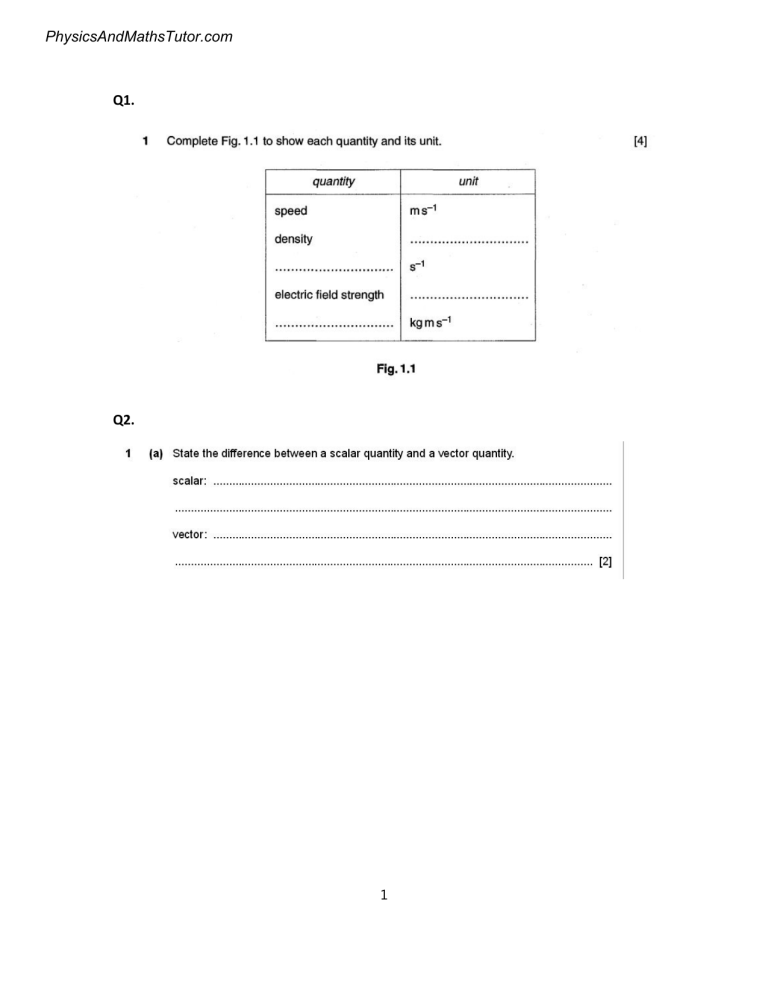 Physics Worksheet: Units, Scalar & Vector Quantities