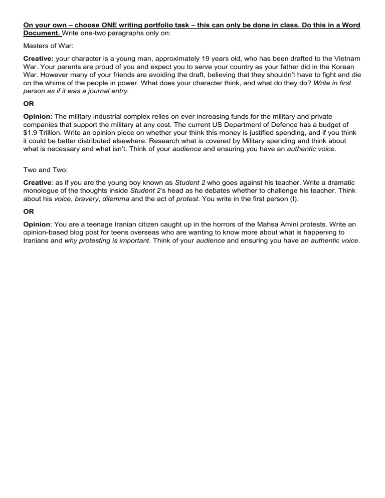 Writing Prompts: War, Protest, and Opinion