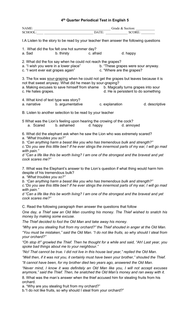 English Test for Grade 5: Comprehension & Grammar