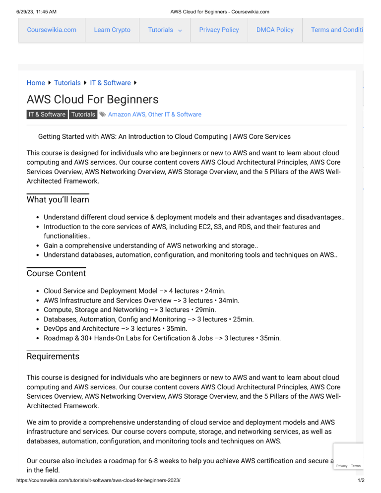 AWS Cloud for Beginners Course Description