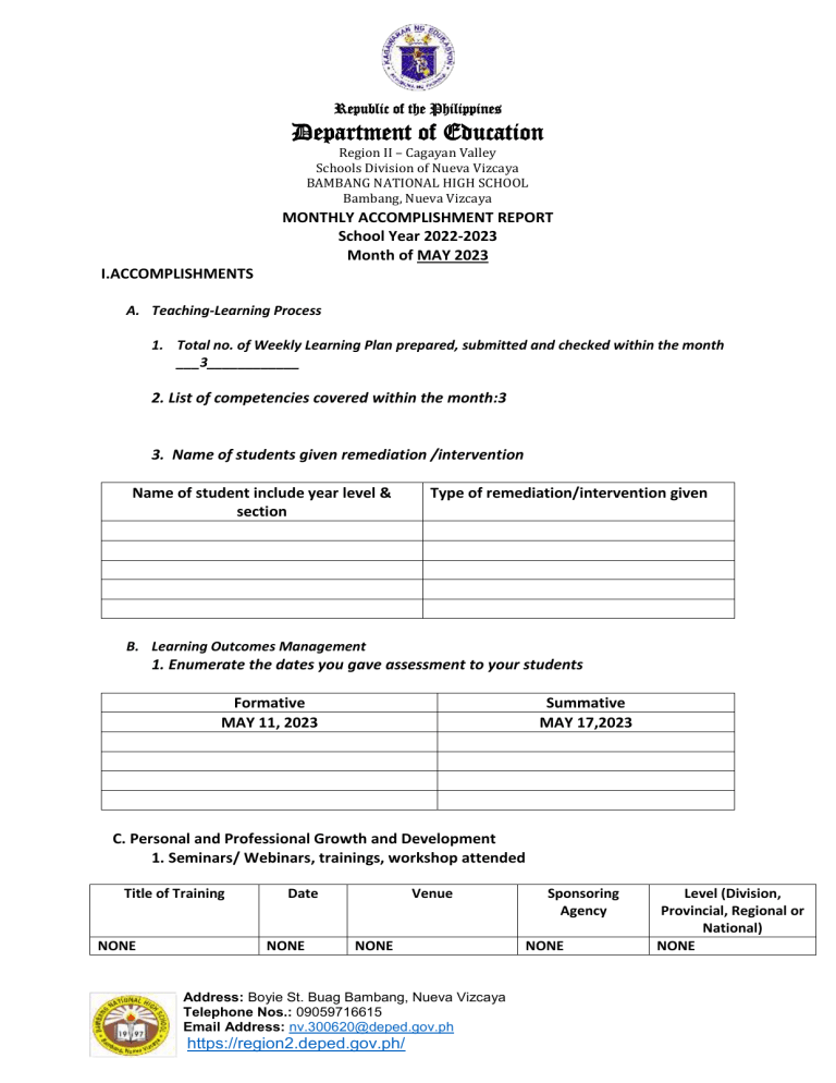 Monthly Accomplishment Report - Bambang National High School