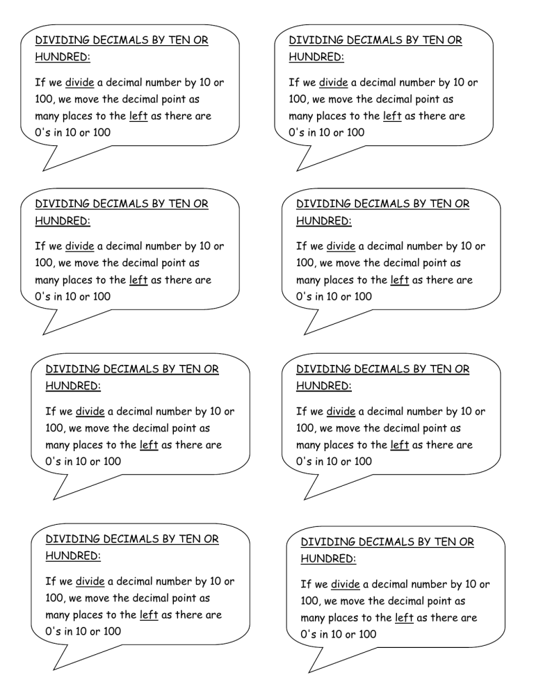 Dividing Decimals by 10 or 100 Worksheet