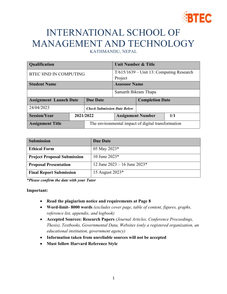 Computing Research Project Assignment Brief