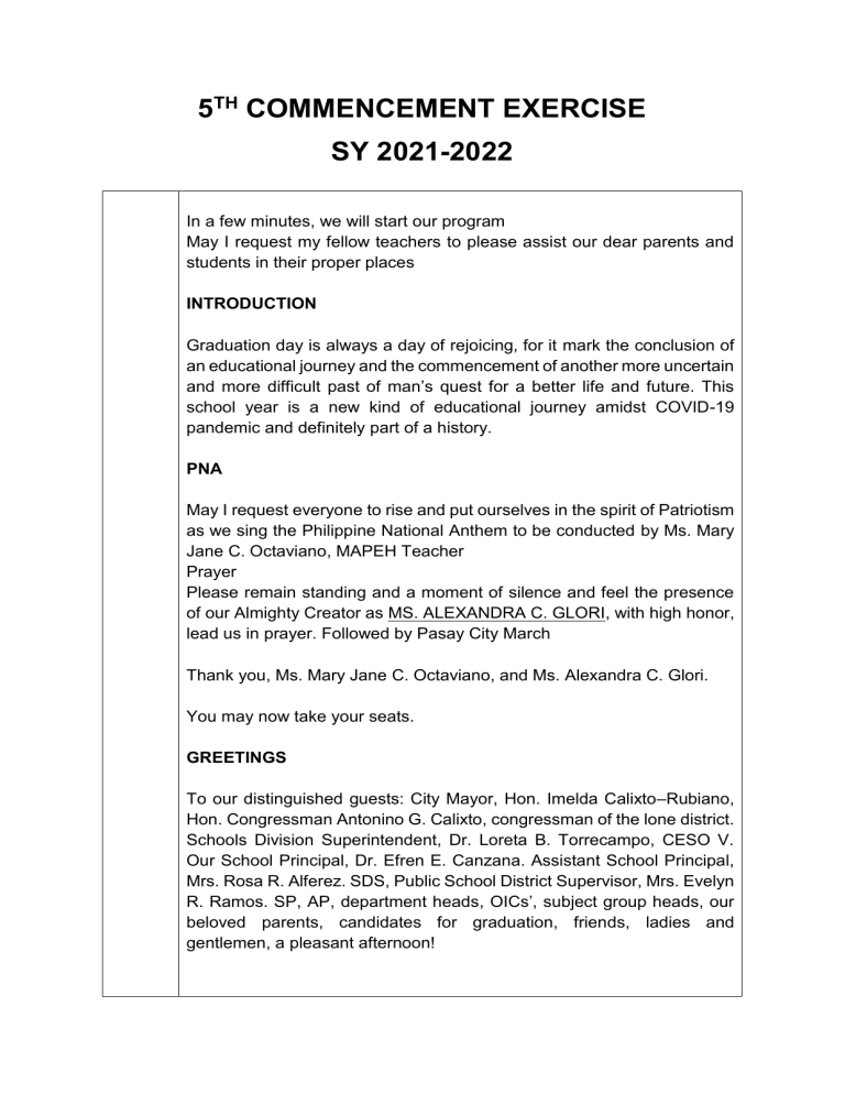 Pasay City North High School Commencement Program 2022
