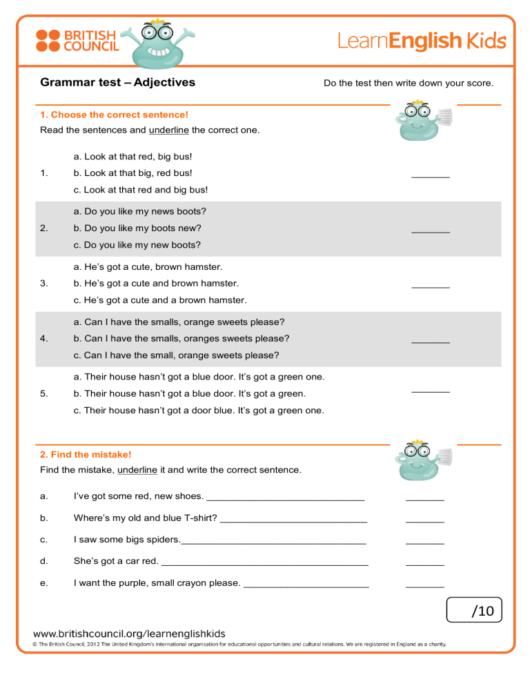Adjectives Grammar Test for Kids