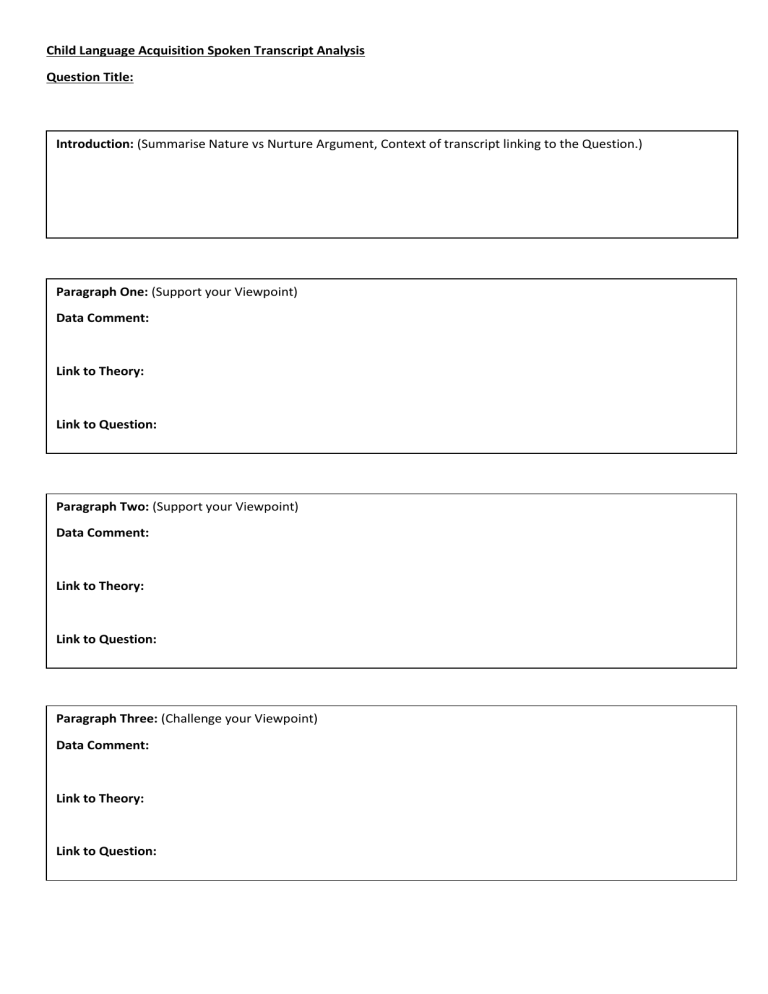 Child Language Acquisition Transcript Analysis Worksheet