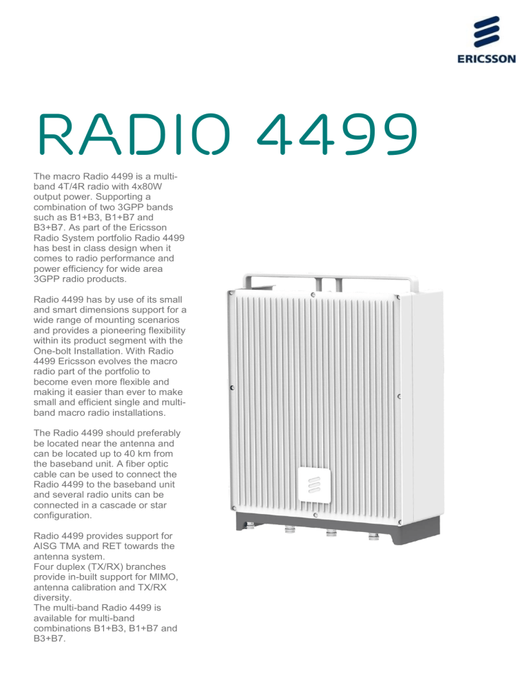 Ericsson Radio 4499 Technical Specs: Multiband 4T/4R Radio