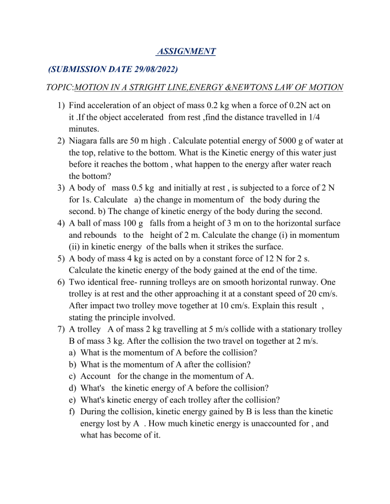 Physics Assignment: Motion, Energy, Newton's Laws