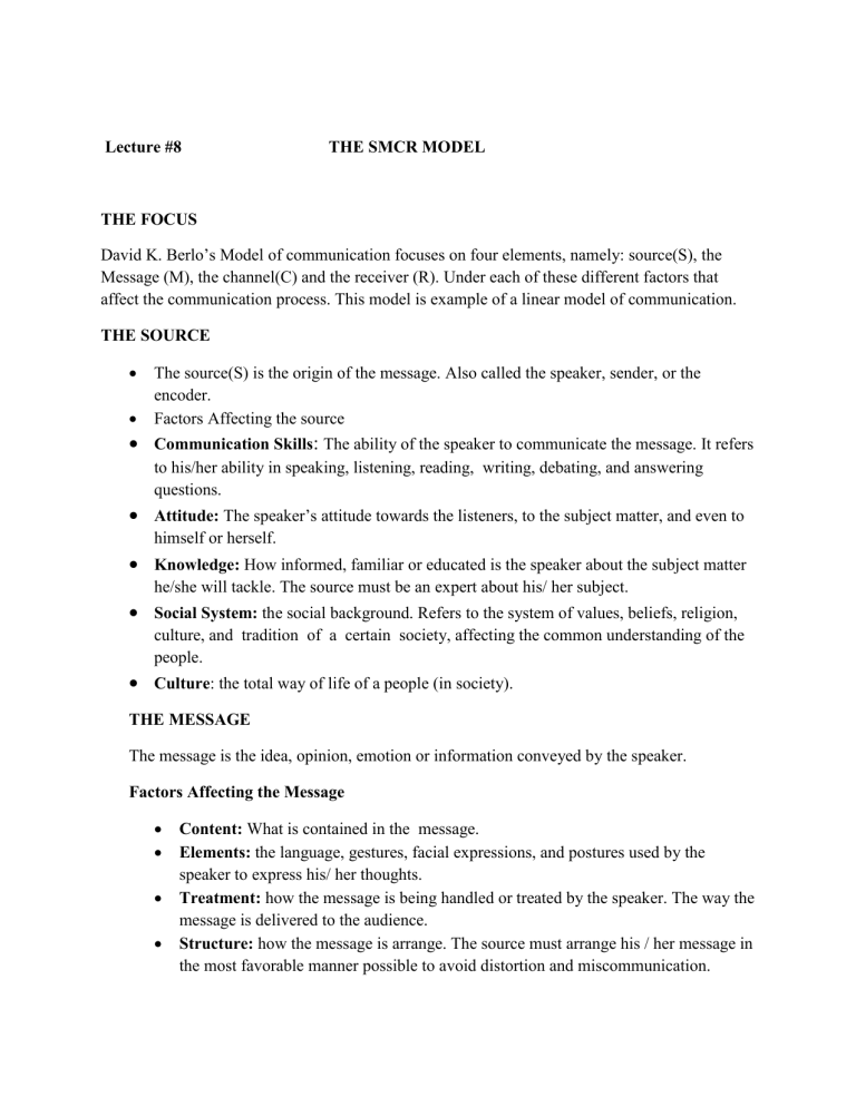 SMCR Model of Communication Lecture Notes