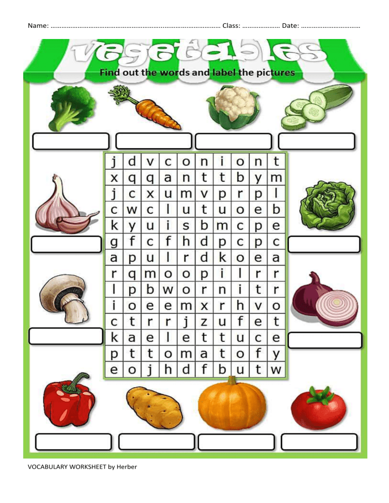 Vegetable Vocabulary Worksheet: Word Search & Labeling