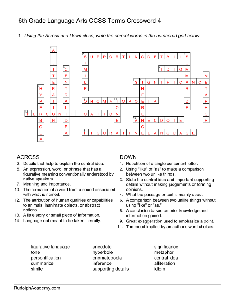 6th Grade Language Arts CCSS Terms Crossword Puzzle