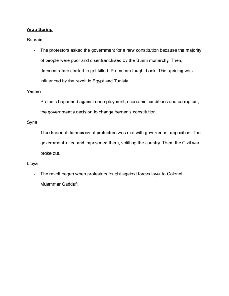 Arab Spring Uprisings: Bahrain, Yemen, Syria, Libya Summary