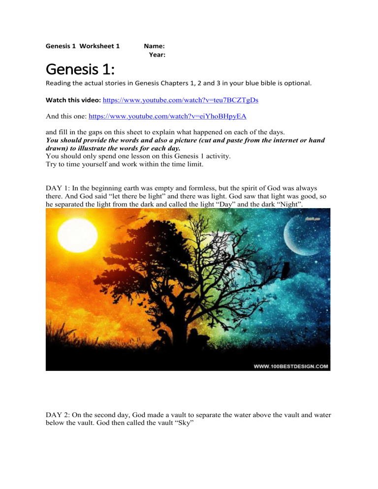 Genesis 1 Worksheet: Creation Story for Kids
