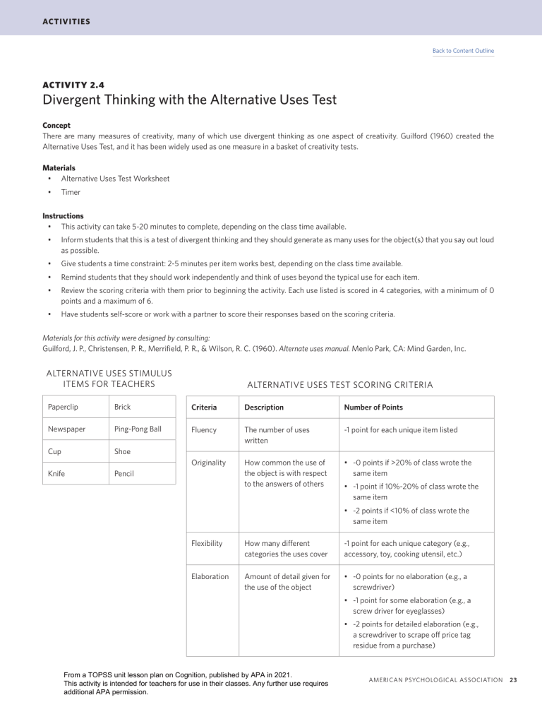 Alternative Uses Test Worksheet for Divergent Thinking