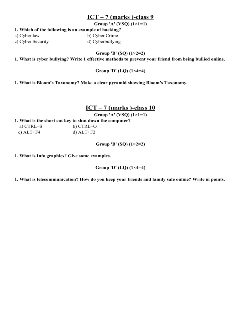 ICT Exam Paper Class 9 & 10
