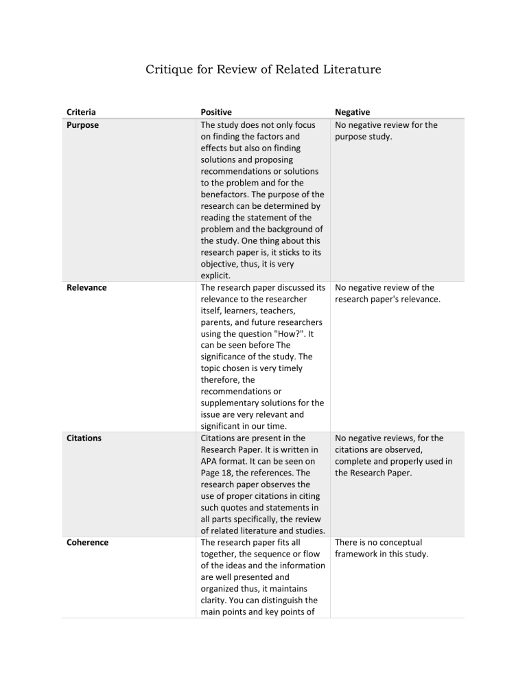 Critique of Literature Review
