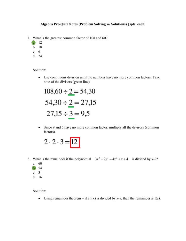 Algebra Pre-Quiz Notes with Solutions