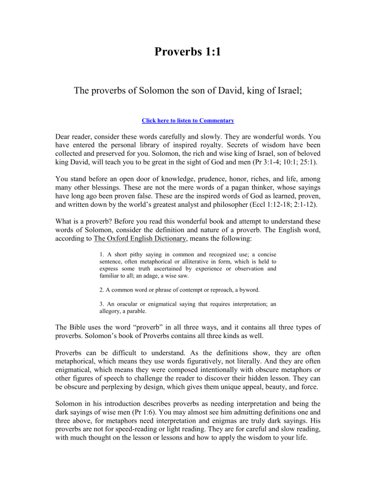 Proverbs 1:1 Commentary: Wisdom and Interpretation