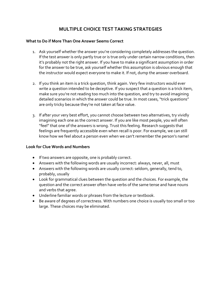 Multiple Choice Test Taking Strategies