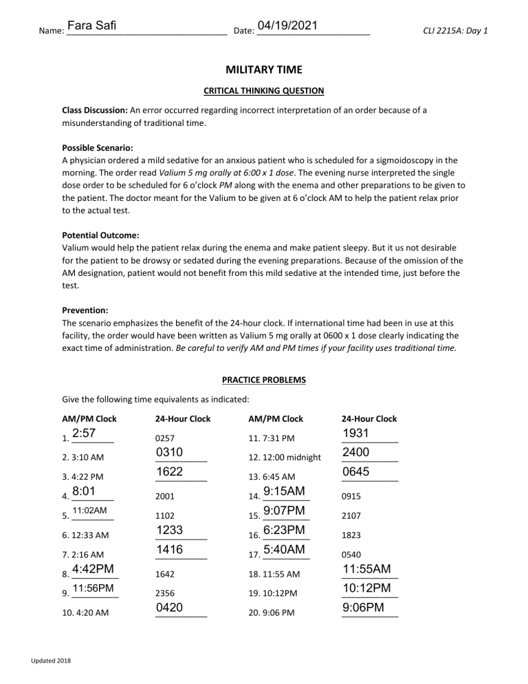 Military Time Conversion Worksheet for Healthcare