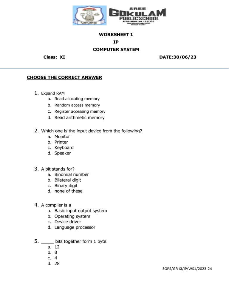 Computer System Worksheet for Class XI
