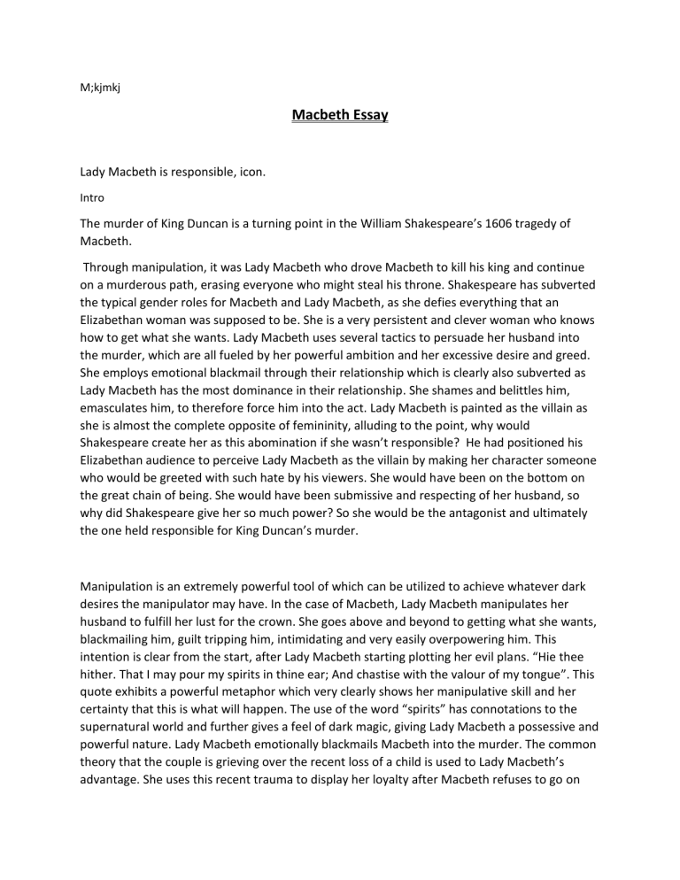 Macbeth Essay: Lady Macbeth's Role