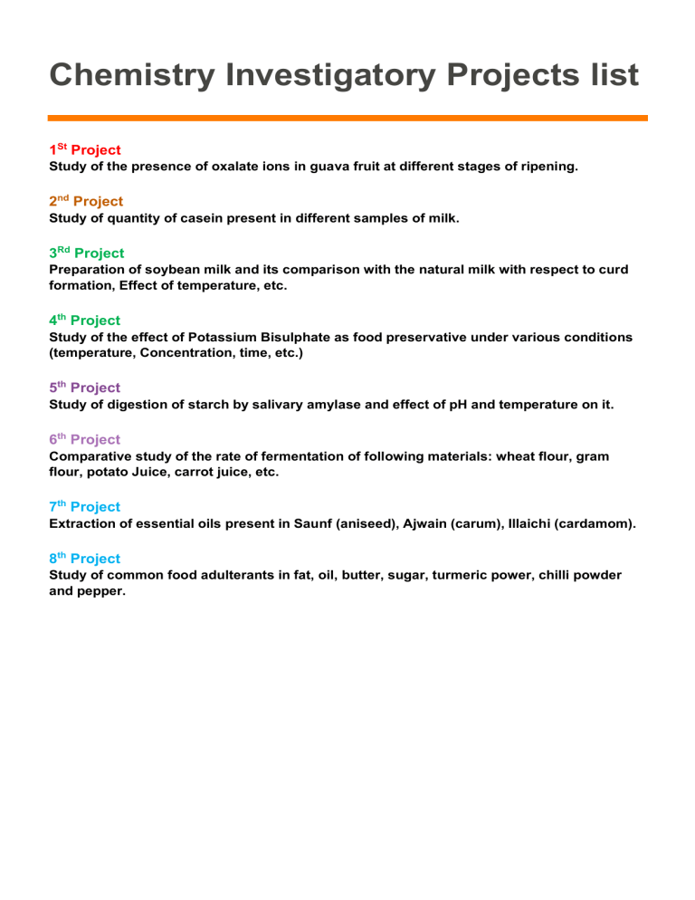 Chemistry Investigatory Projects List
