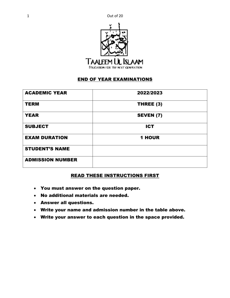 Year 7 ICT Exam Paper