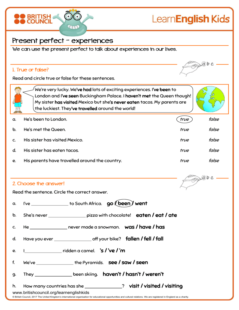Present Perfect Experiences Worksheet for Kids
