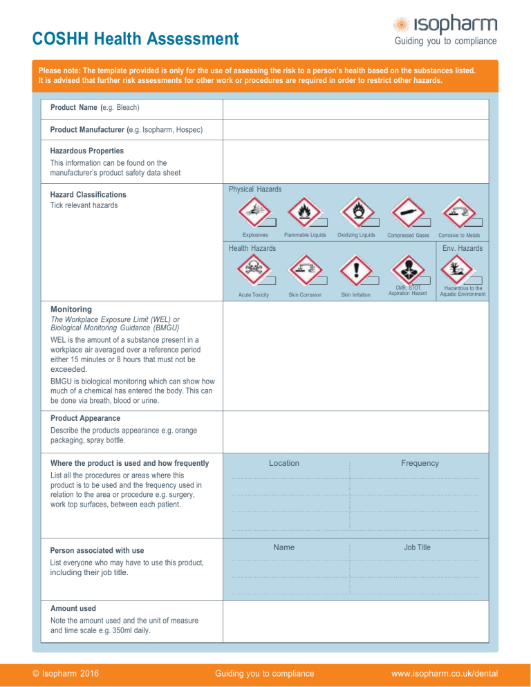 COSHH Health Assessment Form