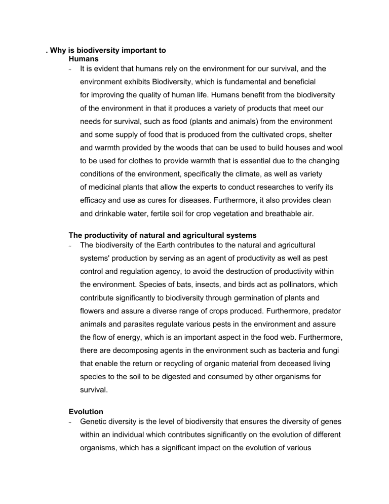 Importance of Biodiversity: Humans, Systems, Evolution