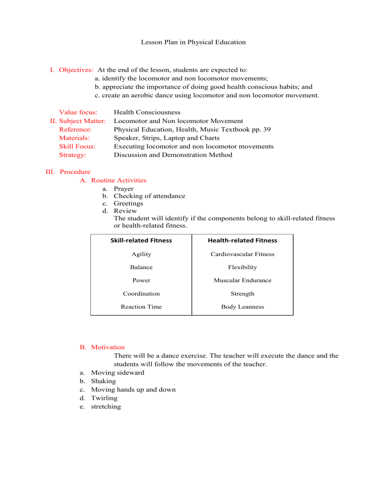Physical Education Lesson Plan: Locomotor & Non-Locomotor Movements