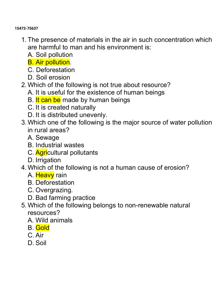 Environmental Science Test: Pollution & Resources