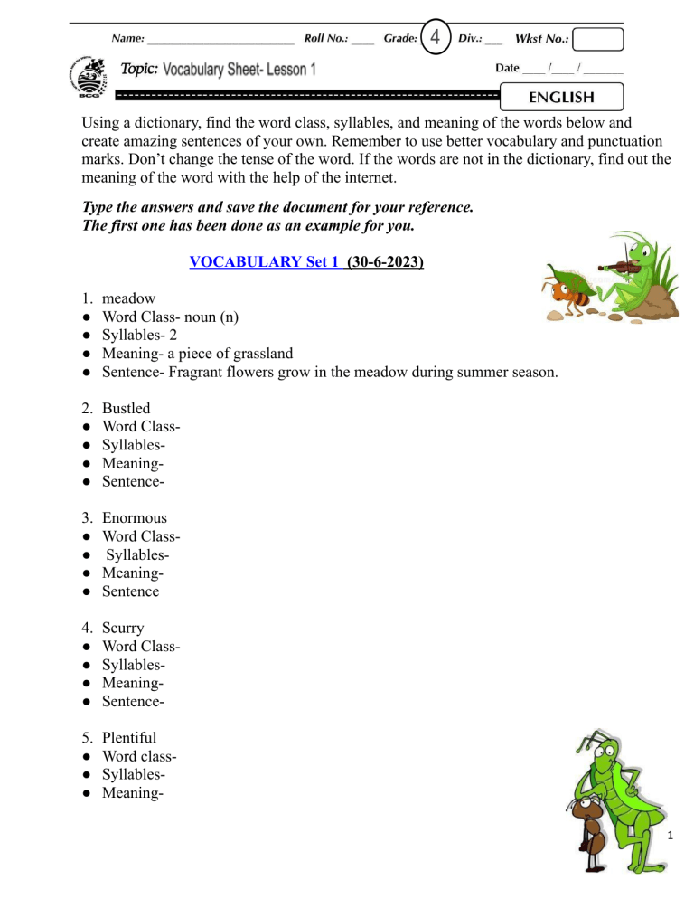 Vocabulary Worksheet for Elementary School