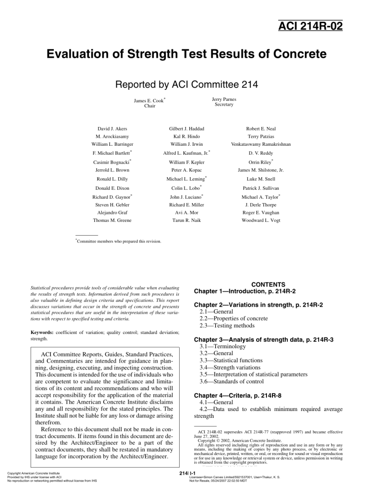 Concrete Strength Test Evaluation: ACI 214R-02 Report