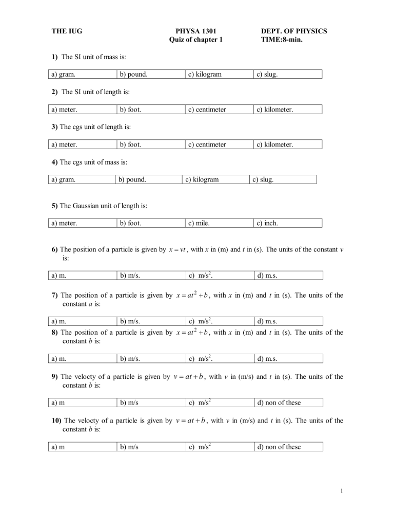 Physics Quiz: Units, Vectors, and Operations