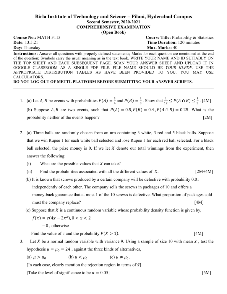 Probability & Statistics Exam - BITS Pilani, Hyderabad