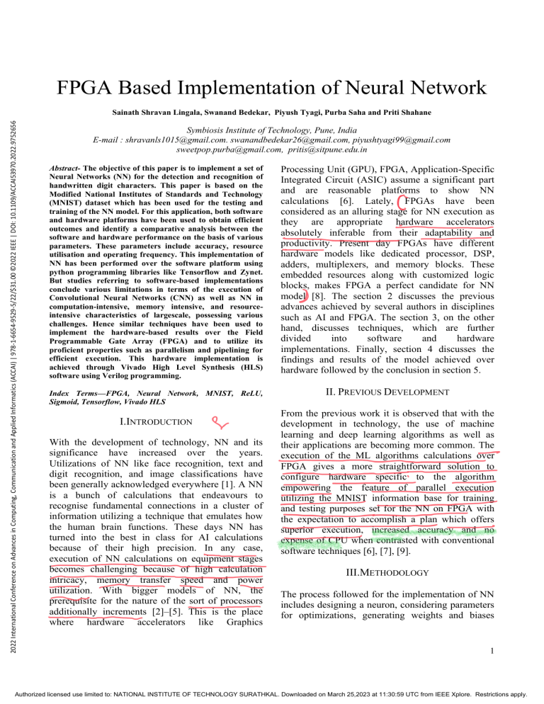 FPGA Neural Network Implementation for Digit Recognition