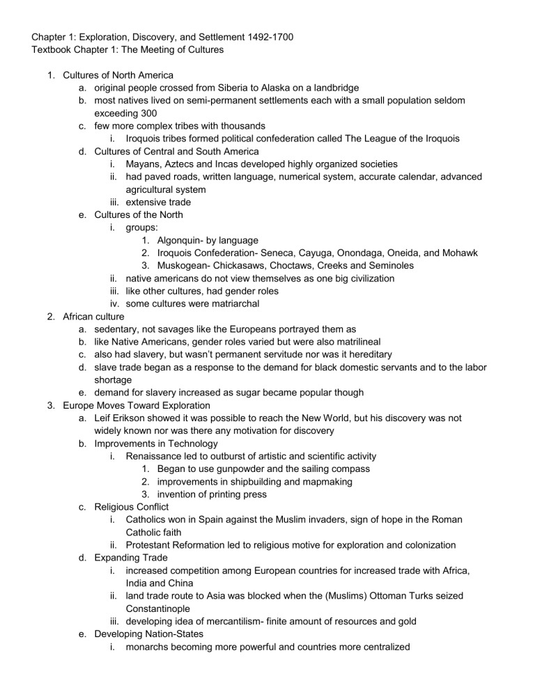 Exploration, Discovery, and Settlement 1492-1700