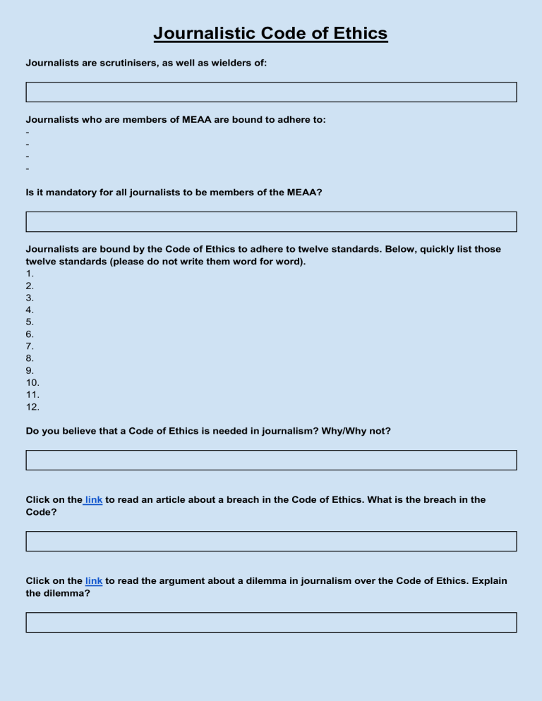 Journalistic Code of Ethics Worksheet